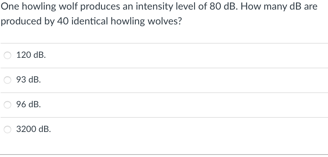 Solved One howling wolf produces an intensity level of 80dB. | Chegg.com