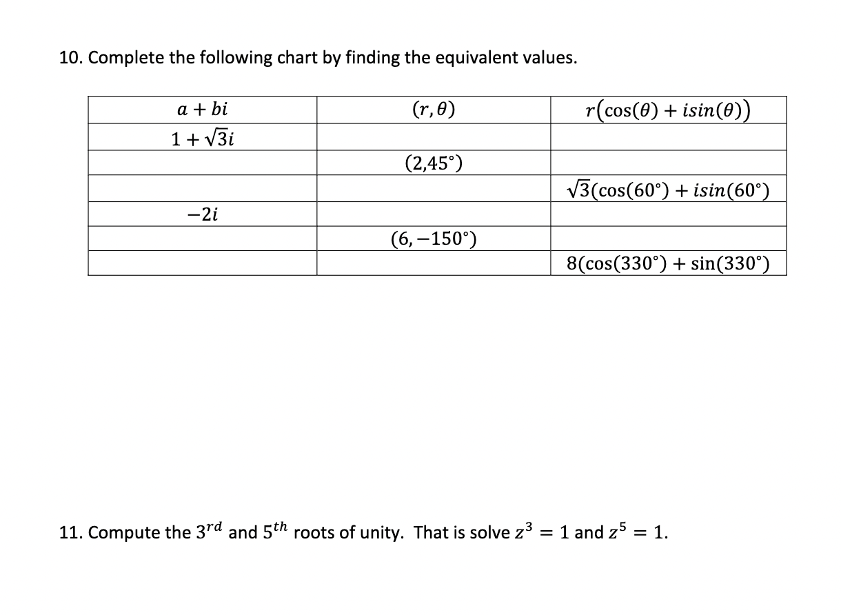 Solved 10. Complete the following chart by finding the | Chegg.com