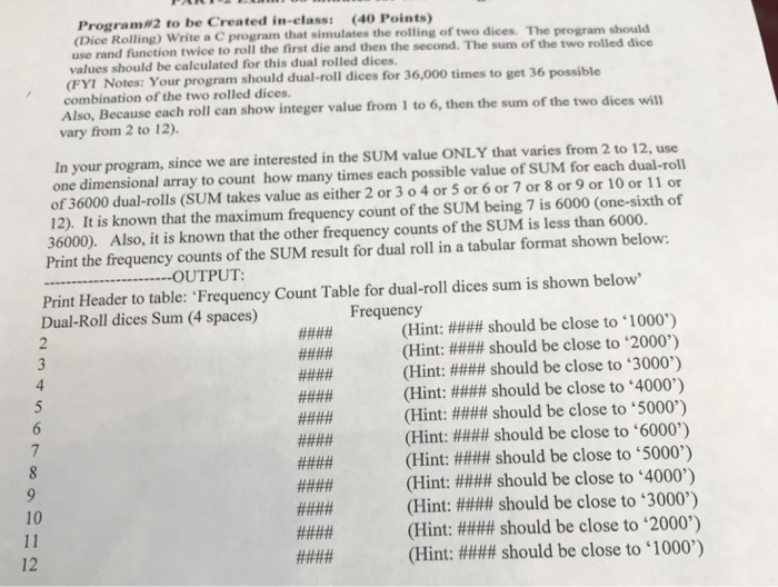 Solved Program#2 to be Created in-class: (40 Points) Dice | Chegg.com