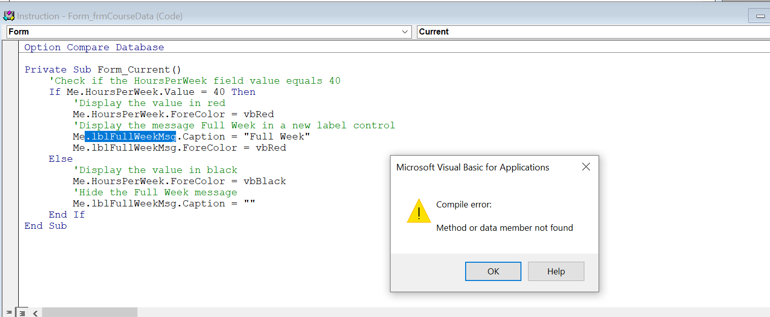 Solved W Instruction - Form_frmCourseData (Code) Form | Chegg.com
