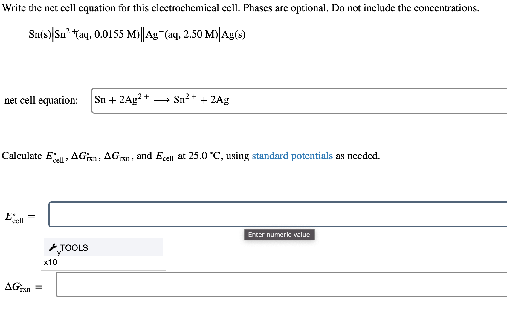 Solved Sn(s)∣Sn2+(aq,0.0155M)∥Ag+(aq,2.50M)∣Ag(s) net cell | Chegg.com