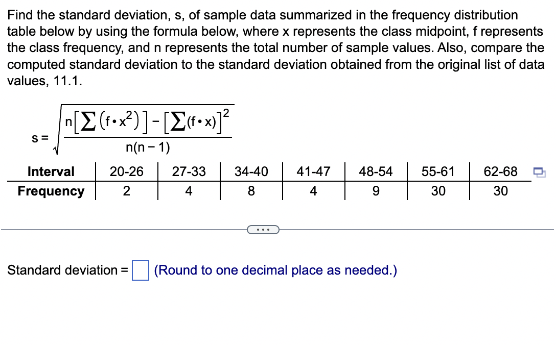 Solved Find the standard deviation, s, of sample data | Chegg.com