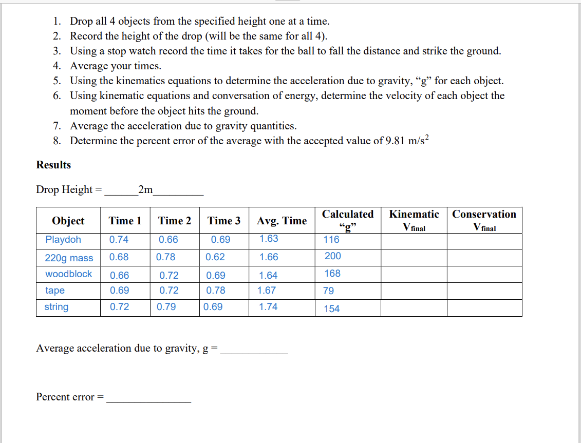 Solved 1. Drop all 4 objects from the specified height one | Chegg.com