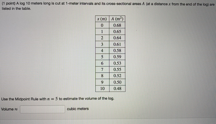 Solved (1 point) A log 10 meters long is cut at 1-meter | Chegg.com
