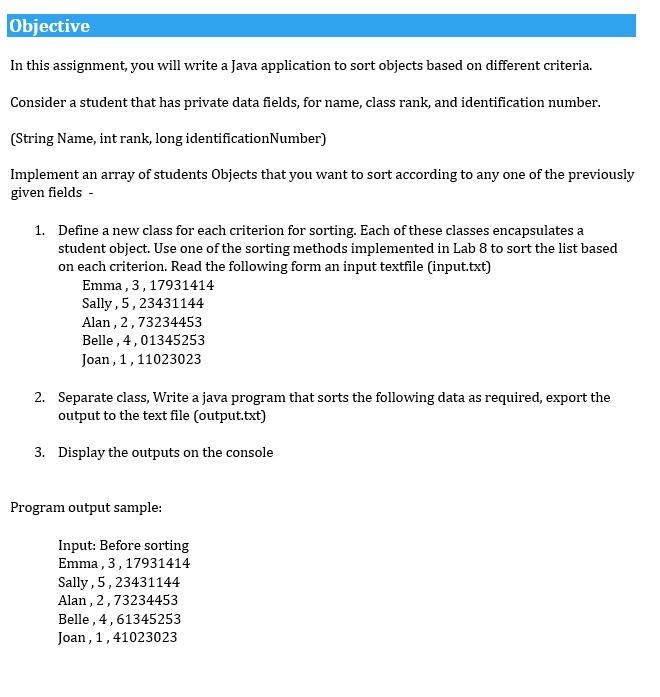 Solved Objective In this assignment, you will write a Java | Chegg.com