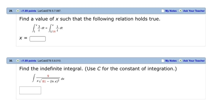 Solved 29, 1.89 points LarCalcET6 5.7.087 My Notes Ask Your | Chegg.com