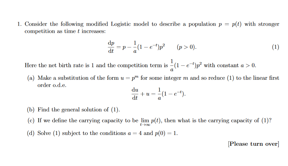 Solved 1. Consider the following modified Logistic model to | Chegg.com