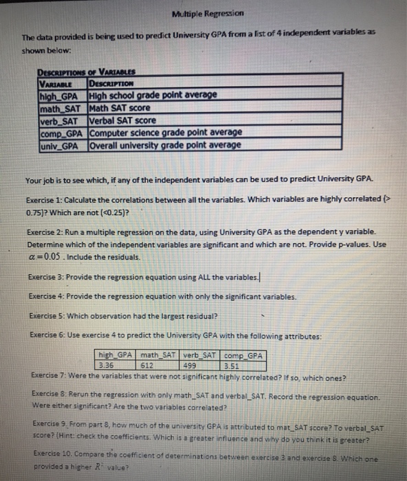 Solved Multiple Regression The data provided is being used | Chegg.com