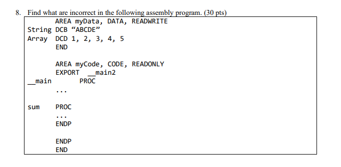 Solved 8. Find what are incorrect in the following assembly | Chegg.com