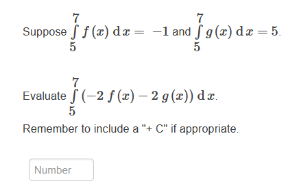 Solved Suppose ∫57f(x)dx=−1 and ∫57g(x)dx=5 Evaluate | Chegg.com