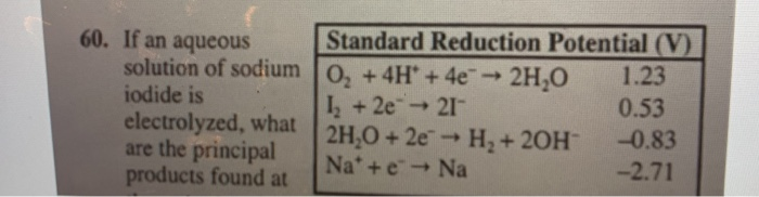 Solved Standard Reduction Potential (V) O2 +4H+ 4e 2H,O I | Chegg.com