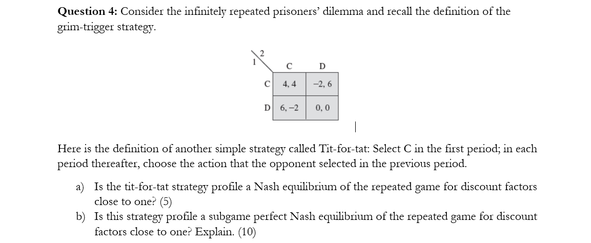 Solved Question 4: Consider the infinitely repeated | Chegg.com