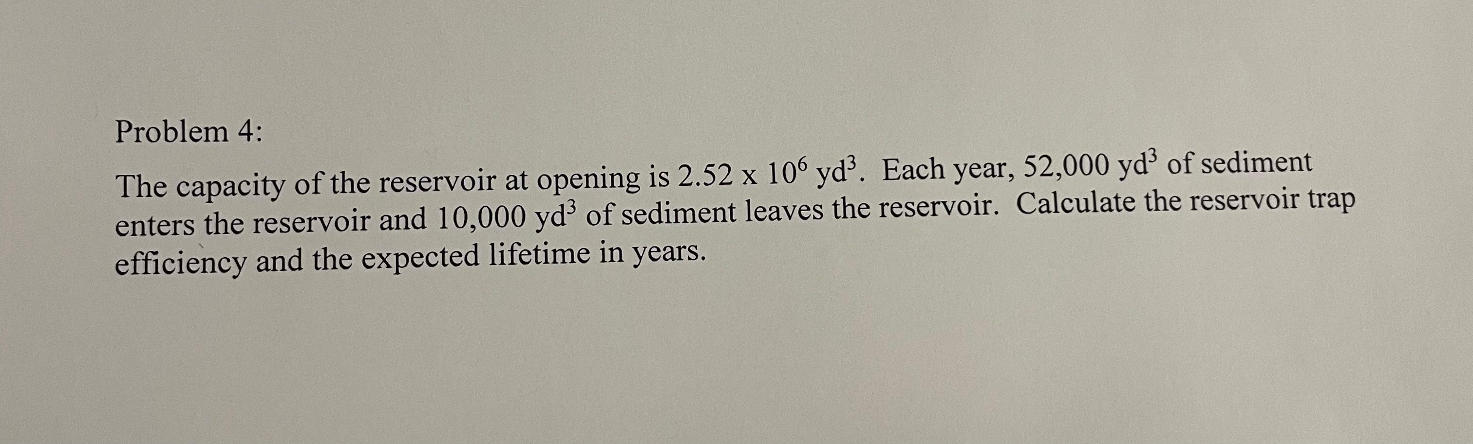 Solved Problem 4: The capacity of the reservoir at opening | Chegg.com
