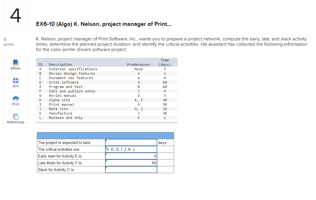 Solved EX6-10 (Algo) K. Nelson, project manager of Print... | Chegg.com