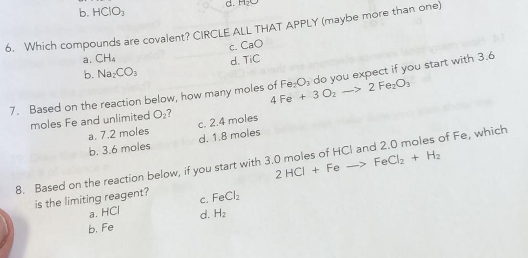 Solved d. H2 b. HCIO: 6. Which compounds are covalent? | Chegg.com