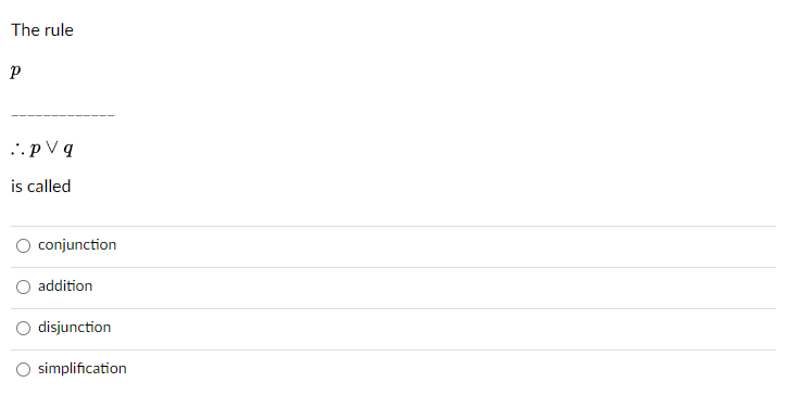 Solved The rule P ::p Va is called conjunction addition | Chegg.com