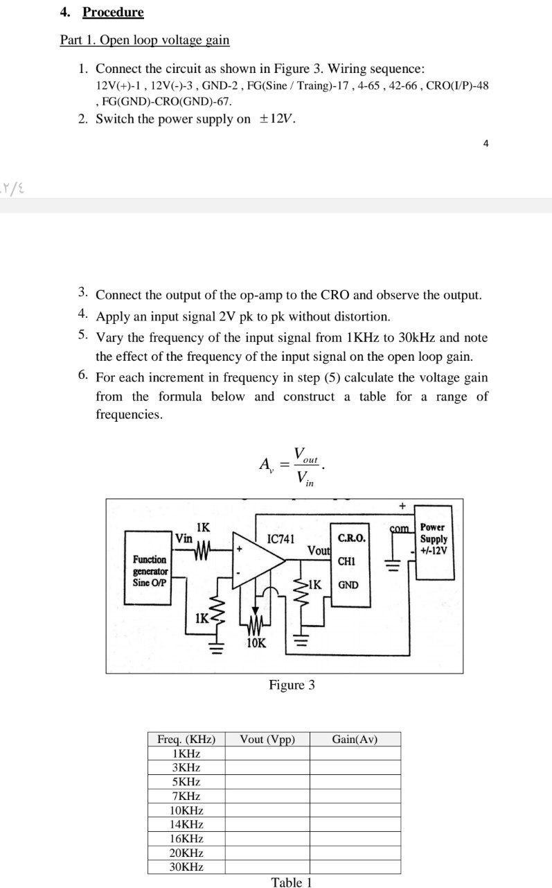 Solved 4. Procedure Part 1. Open loop voltage gain 1. | Chegg.com