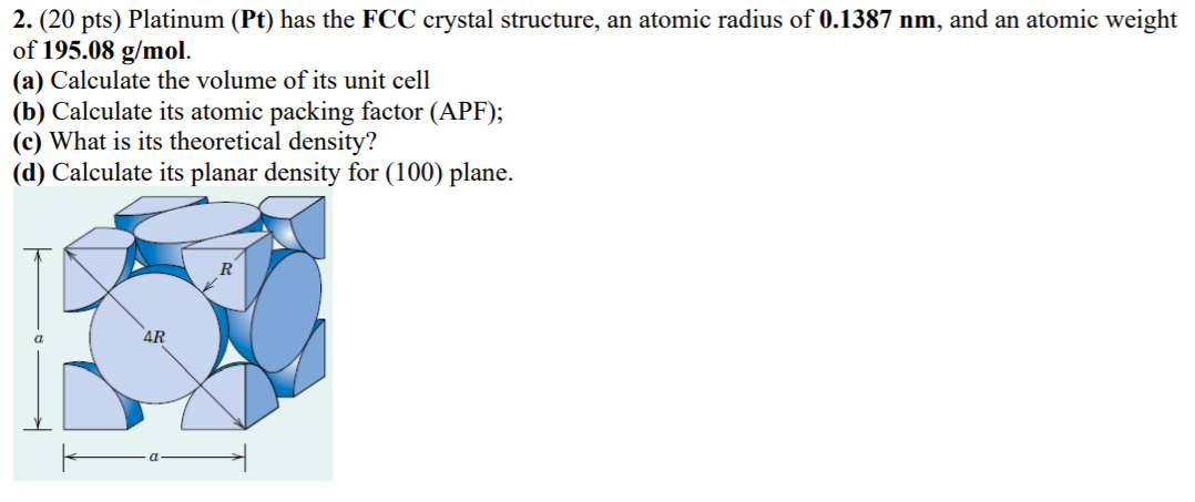 Solved 2. (20 pts) Platinum (Pt) has the FCC crystal | Chegg.com