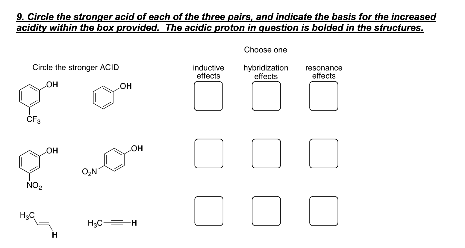 Solved 9. Circle the stronger acid of each of the three | Chegg.com
