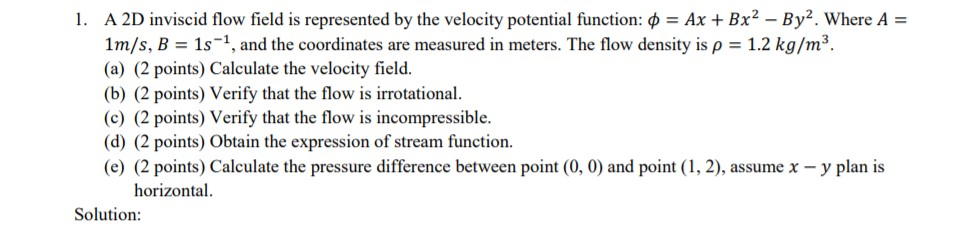 Solved 1. A 2D inviscid flow field is represented by the | Chegg.com