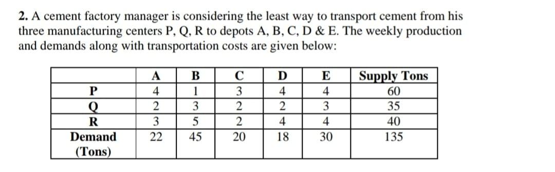 Solved 2. A cement factory manager is considering the least | Chegg.com