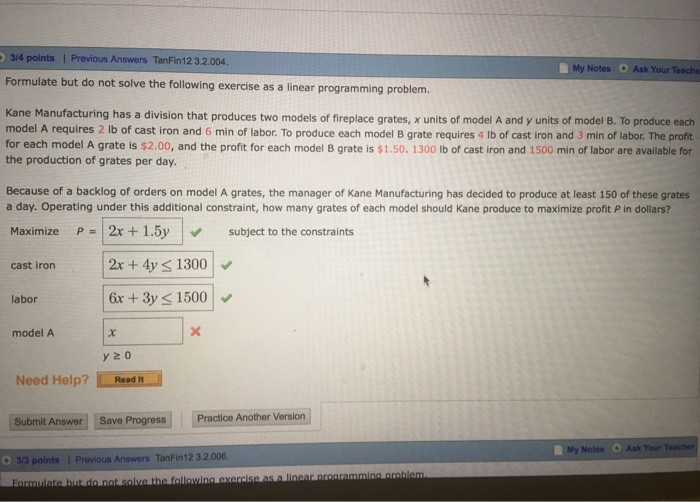 Solved 3/4 points 1 Previous Answers TanFin12 3.2.004 | Chegg.com