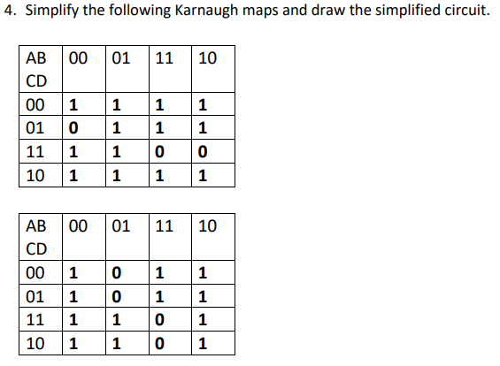 Solved 4. Simplify the following Karnaugh maps and draw the | Chegg.com
