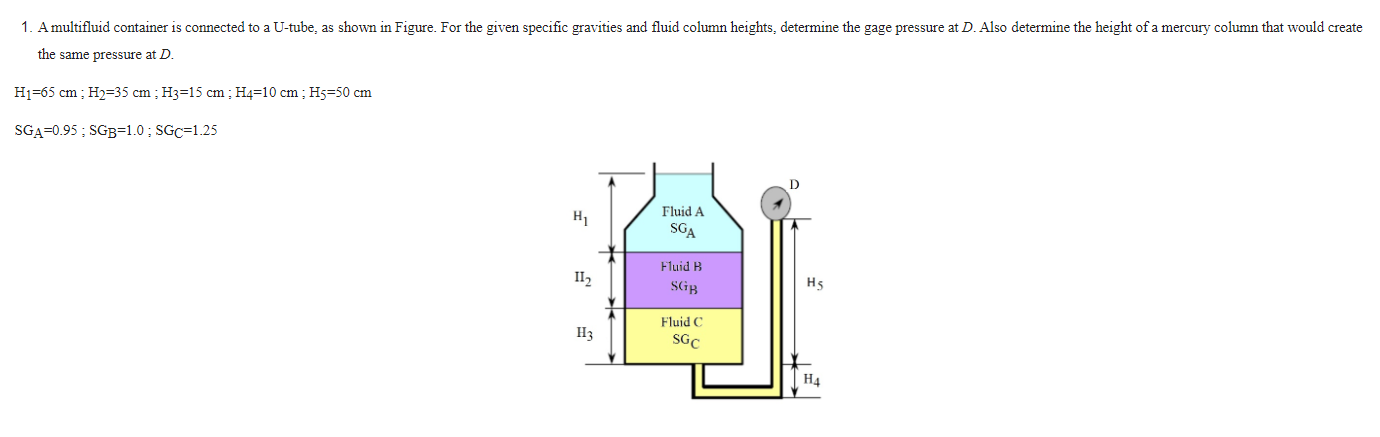 Solved 1. A multifluid container is connected to a U-tube, | Chegg.com