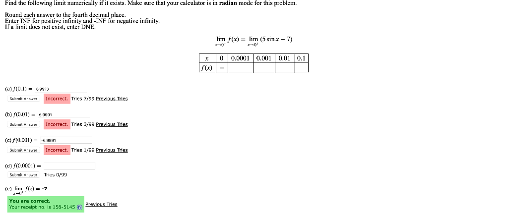 Solved Find the following limit numerically if it exists. | Chegg.com