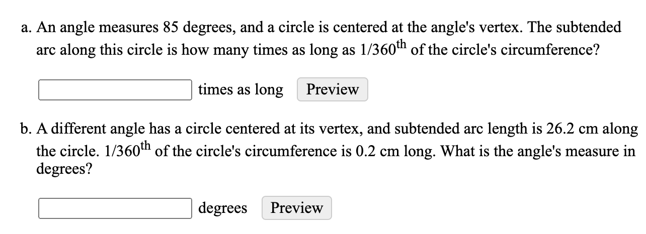 Solved a. An angle measures 85 degrees, and a circle is | Chegg.com