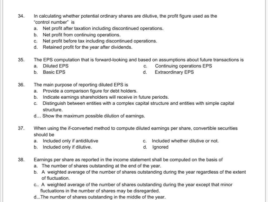 Solved 34 In Calculating Whether Potential Ordinary Shares