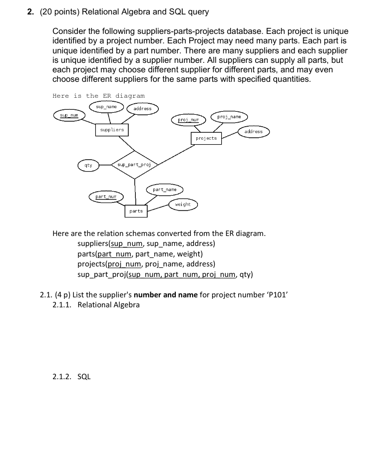 Solved 2. (20 points) Relational Algebra and SQL query | Chegg.com