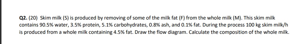 Solved Q2. (20) Skim milk (S) is produced by removing of | Chegg.com
