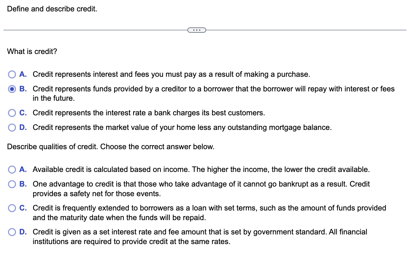Solved Define and describe credit. What is credit? A. Credit | Chegg.com