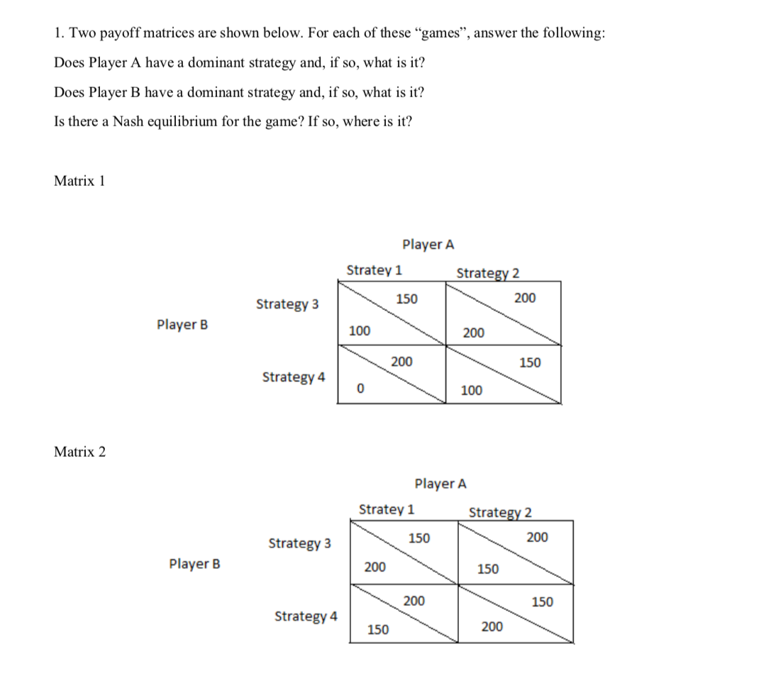 Solved Two payoff matrices are shown below. For each of | Chegg.com