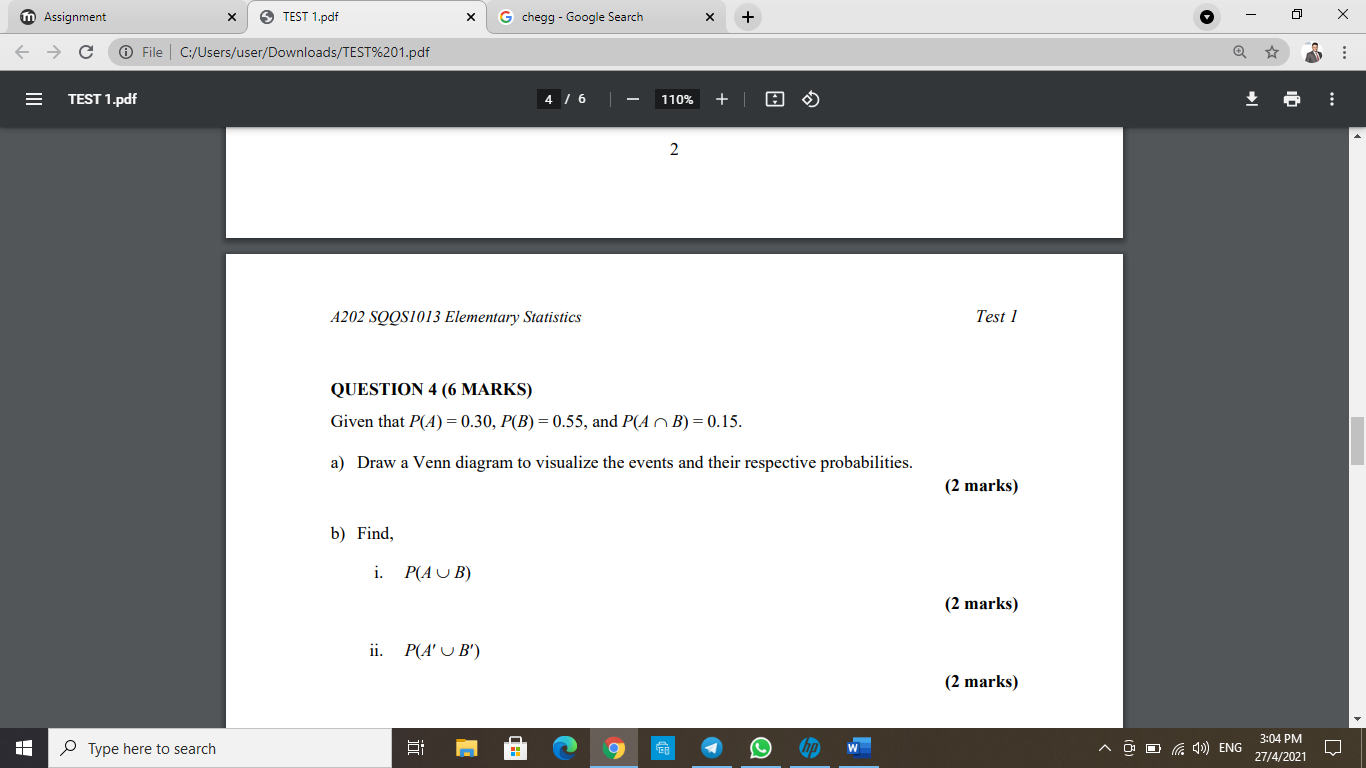 Solved m Assignment TEST 1.pdf o G chegg - Google Search → C | Chegg.com