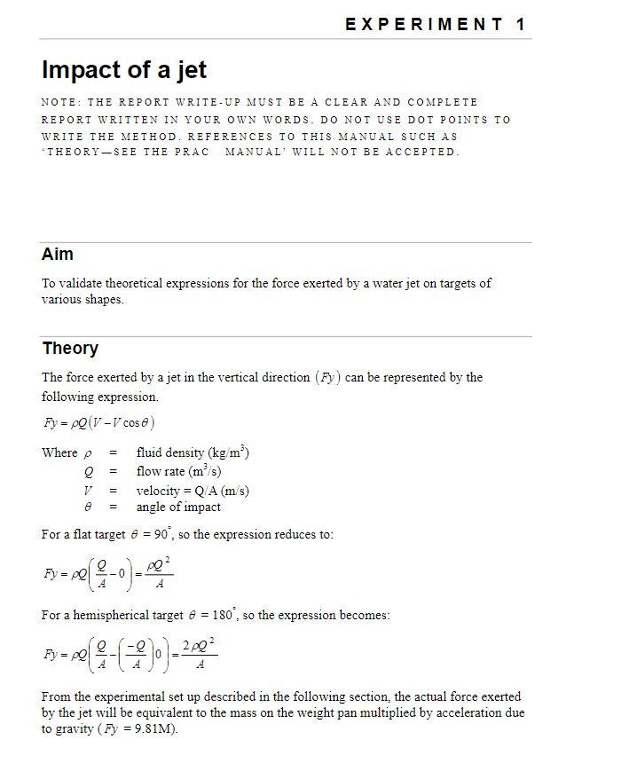 Solved EXPERIMENT 1 Impact of a jet NOTE: THE REPORT | Chegg.com