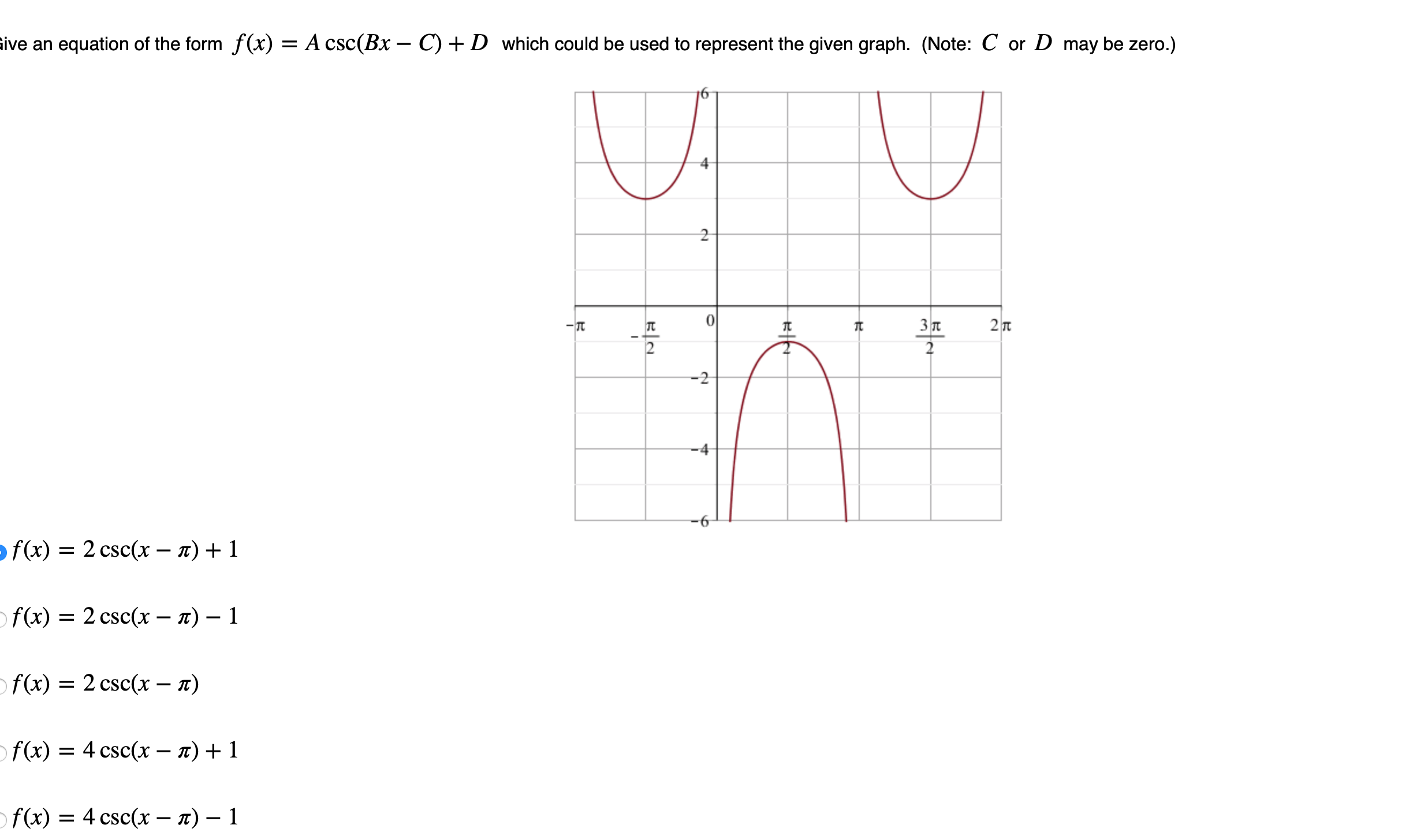 Solved ive an equation of the form f(x)=Acsc(Bx−C)+D which | Chegg.com
