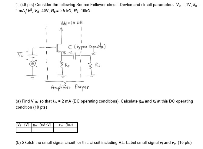Solved 1. (40 pts) Consider the following Source Follower | Chegg.com