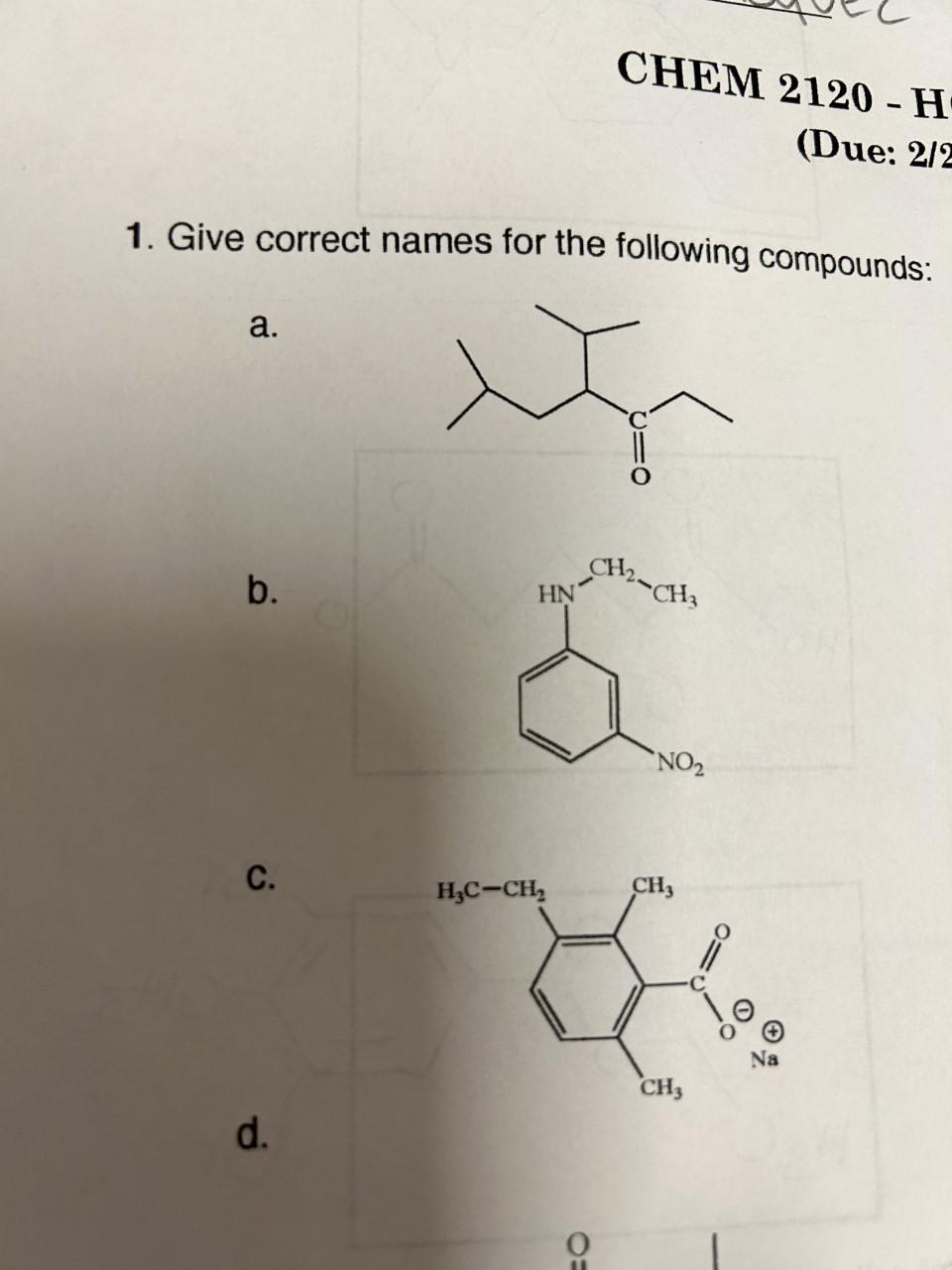 Solved 1. Give correct names for the following compounds: a. | Chegg.com