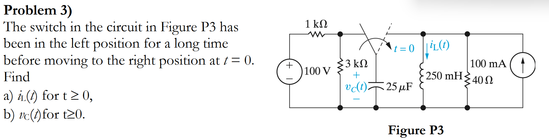 Solved The switch in the circuit in Figure P3 ﻿has been in | Chegg.com