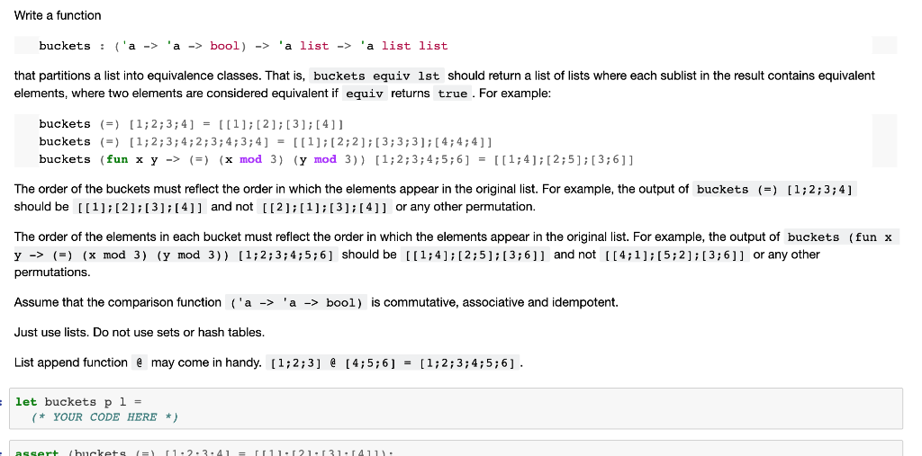 Write a function buckets : ('a -> 'a -> bool) -> 'a | Chegg.com
