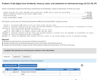 Problem 1t-2A { Algo } Cash dividends, treasury | Chegg.com
