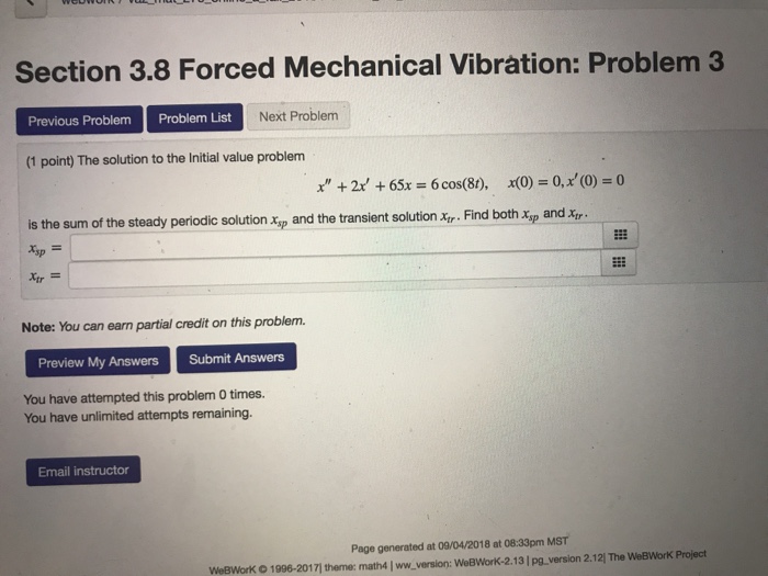 Solved Section 3.8 Forced Mechanical Vibration: Problem 1 | Chegg.com