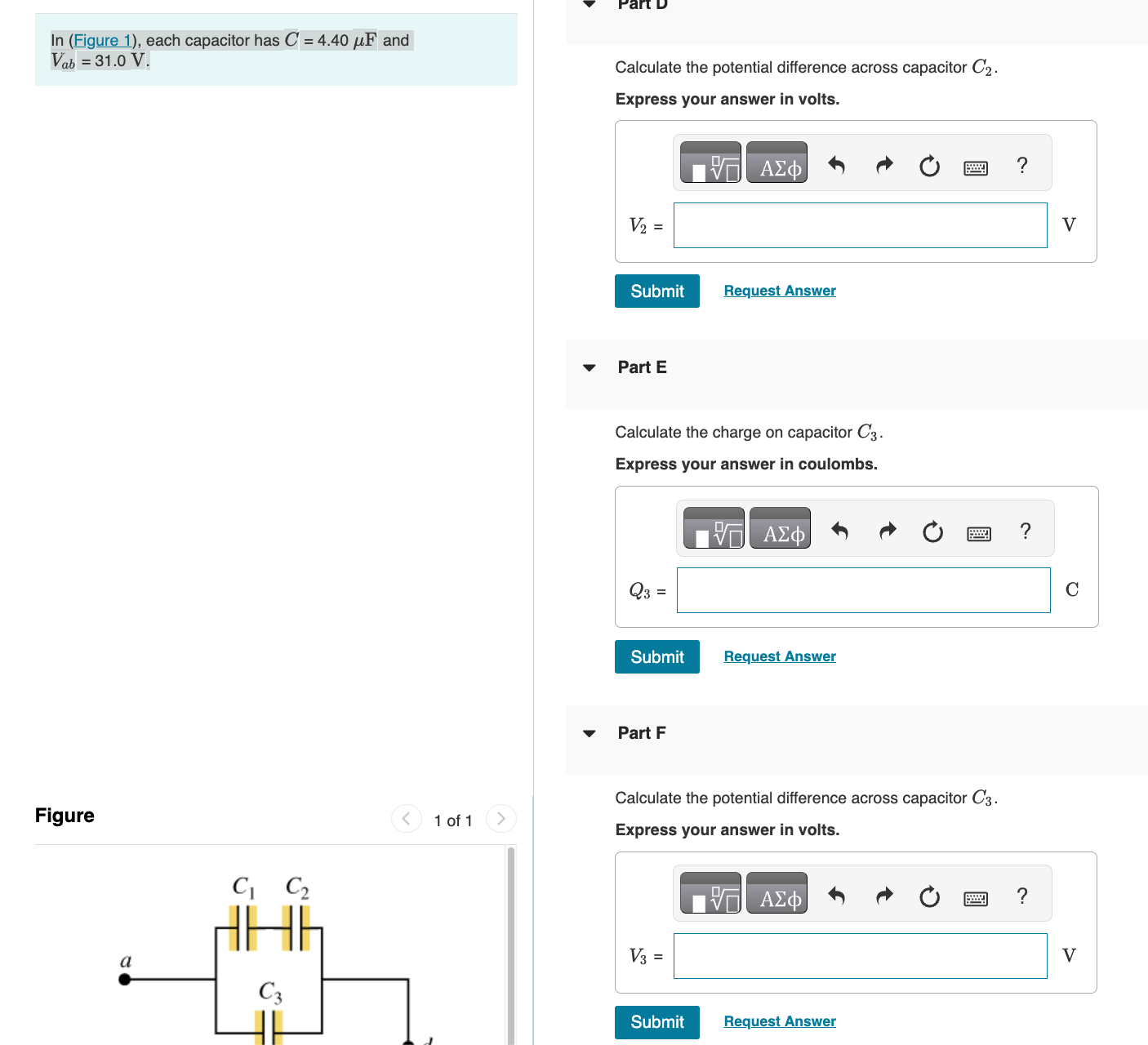 Solved In (Figure 1), ﻿each capacitor has C=4.40μF | Chegg.com