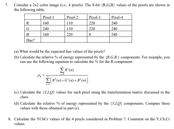 Solved 7. Consider a 2x2 color image (i.e., 4 pixels). The | Chegg.com