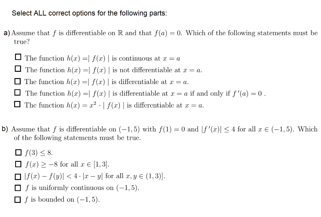 Solved Select ALL correct options for the following parts: | Chegg.com