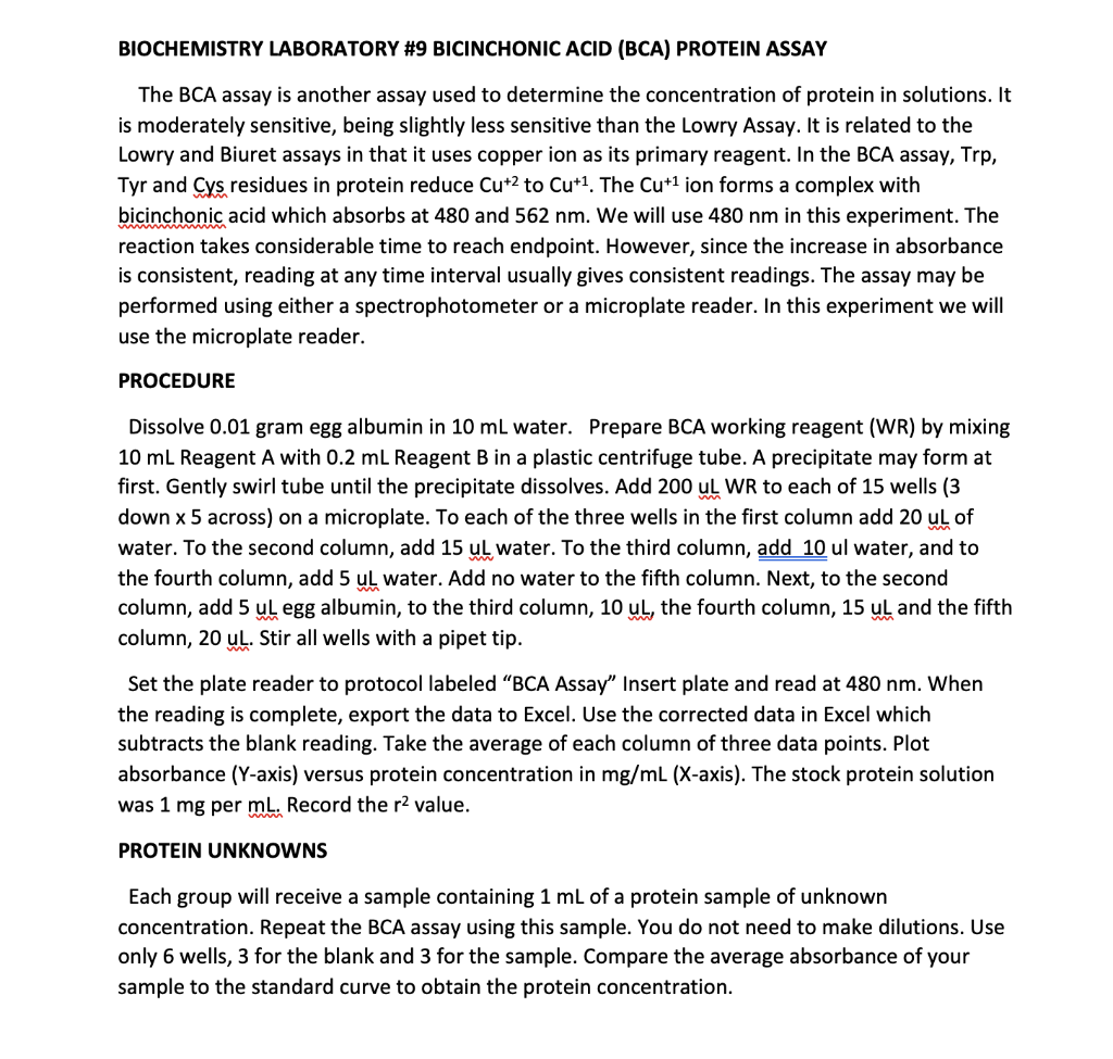 BIOCHEMISTRY LABORATORY #9 BICINCHONIC ACID (BCA) | Chegg.com