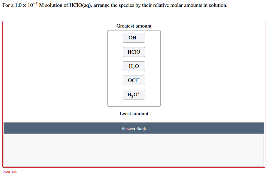 Solved For a 1.0 x 10-4 M solution of HCIO(aq), arrange the | Chegg.com