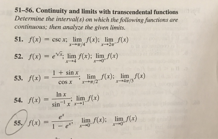 Solved 51-56. Continuity and limits with transcendental | Chegg.com